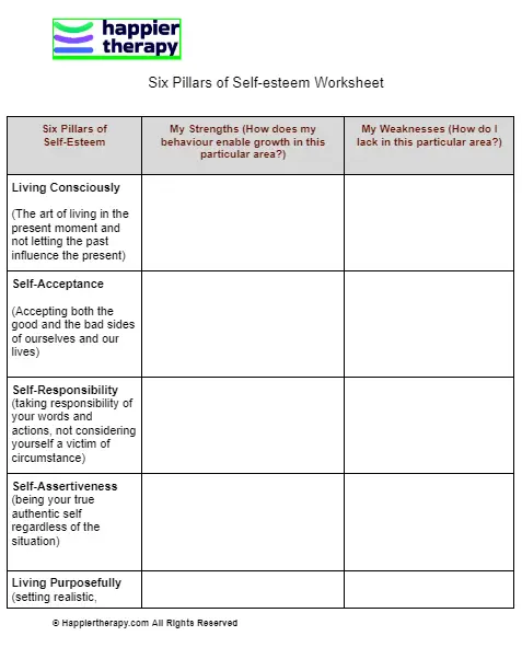 Six Pillars Of Self-esteem Worksheet | HappierTHERAPY