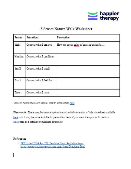 5 Senses Nature Walk Worksheet | HappierTHERAPY