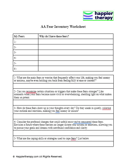AA Fear Inventory Worksheet | HappierTHERAPY