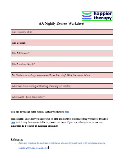 AA Nightly Review Worksheet | HappierTHERAPY
