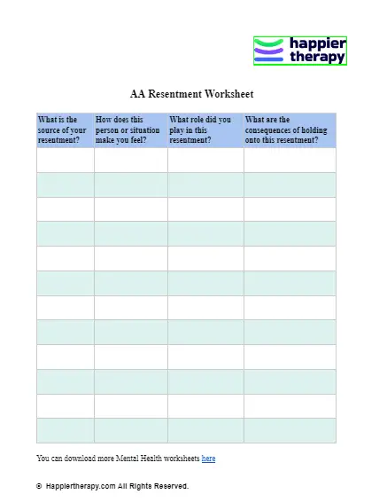 AA Resentment Worksheet | HappierTHERAPY