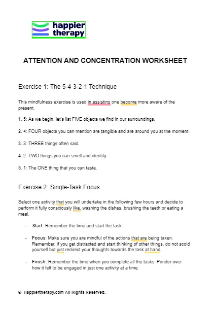ATTENTION AND CONCENTRATION WORKSHEET | HappierTHERAPY