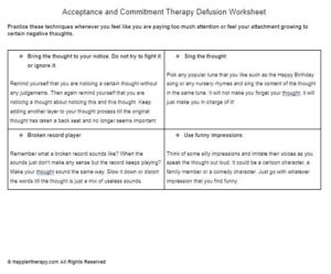 Acceptance and Commitment Therapy Defusion Worksheet - HappierTHERAPY