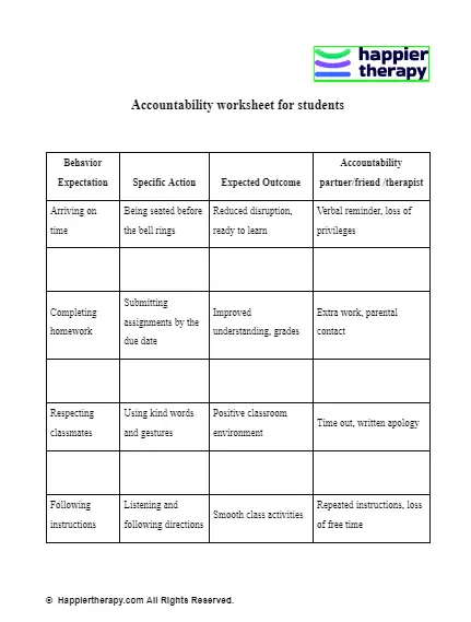 Accountability Worksheet For Students | HappierTHERAPY