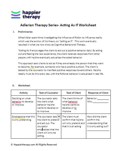 Adlerian Therapy Series Worksheet - Acting As If | HappierTHERAPY