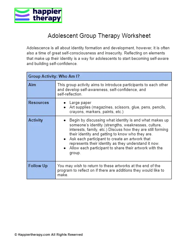 Adolescent Group Therapy Worksheet Happiertherapy 