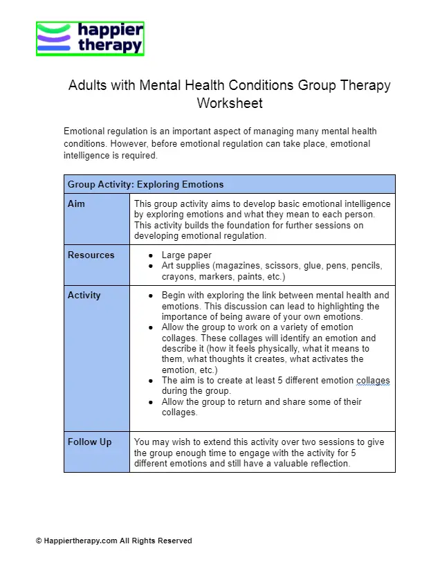 Adults With Mental Health Conditions Group Therapy Worksheet ...