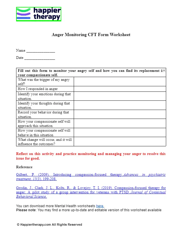 Anger Monitoring CFT Form Worksheet | HappierTHERAPY
