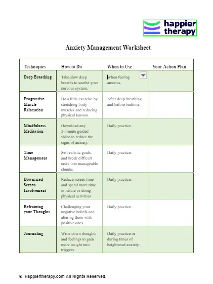 Anxiety Management Worksheet | HappierTHERAPY