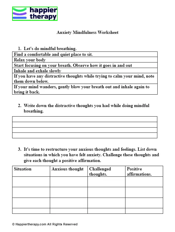 Anxiety Mindfulness Worksheet | HappierTHERAPY