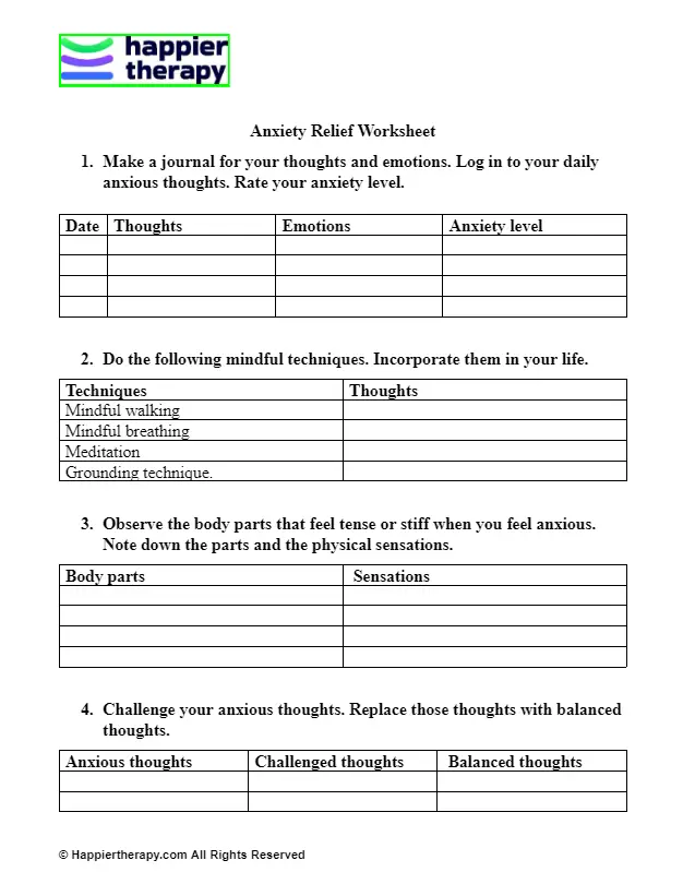 Anxiety Relief Worksheet | HappierTHERAPY