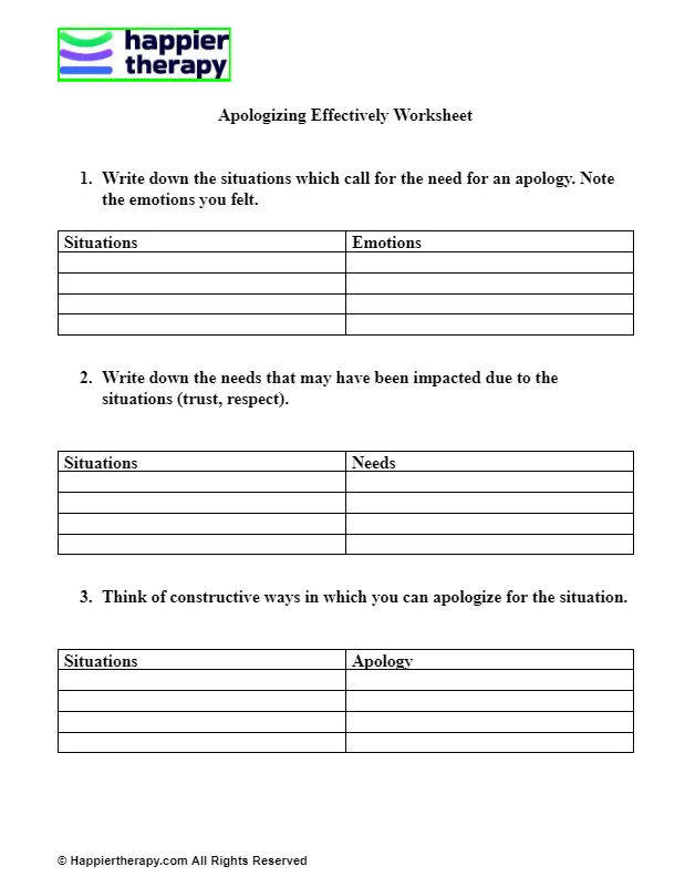 Apologizing Effectively Worksheet | HappierTHERAPY