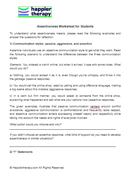 Assertiveness Worksheet For Students | HappierTHERAPY