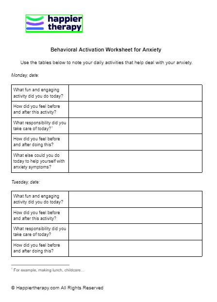 Behavioral Activation Worksheet For Anxiety | HappierTHERAPY