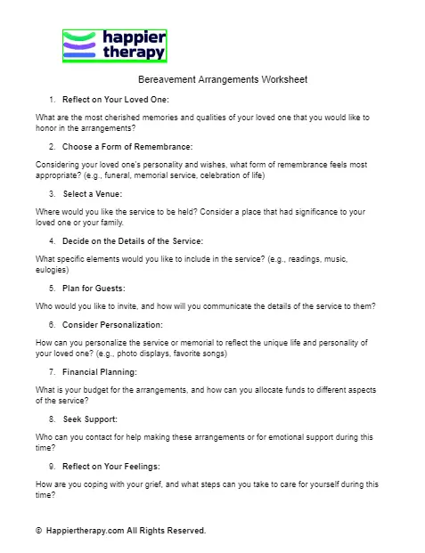 Bereavement Arrangements Worksheet | HappierTHERAPY