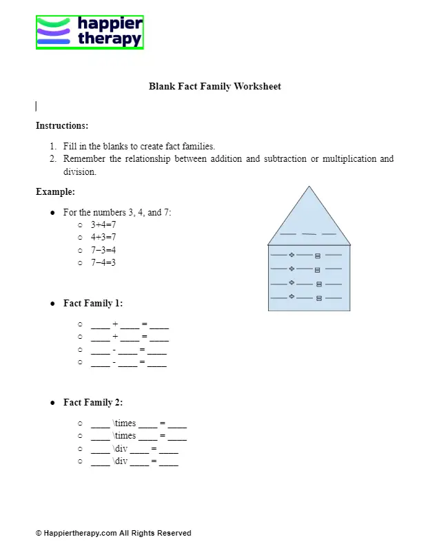 Blank Fact Family Worksheet | HappierTHERAPY