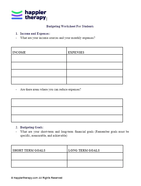 Budgeting Worksheet For Students | HappierTHERAPY