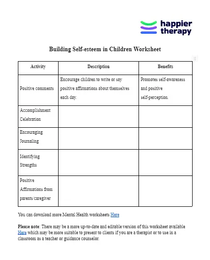 Building Self-esteem In Children Worksheet | HappierTHERAPY