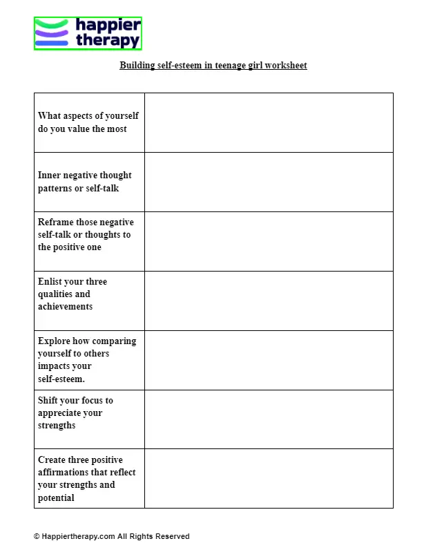 Building Self-esteem In Teenage Girl Worksheet | HappierTHERAPY