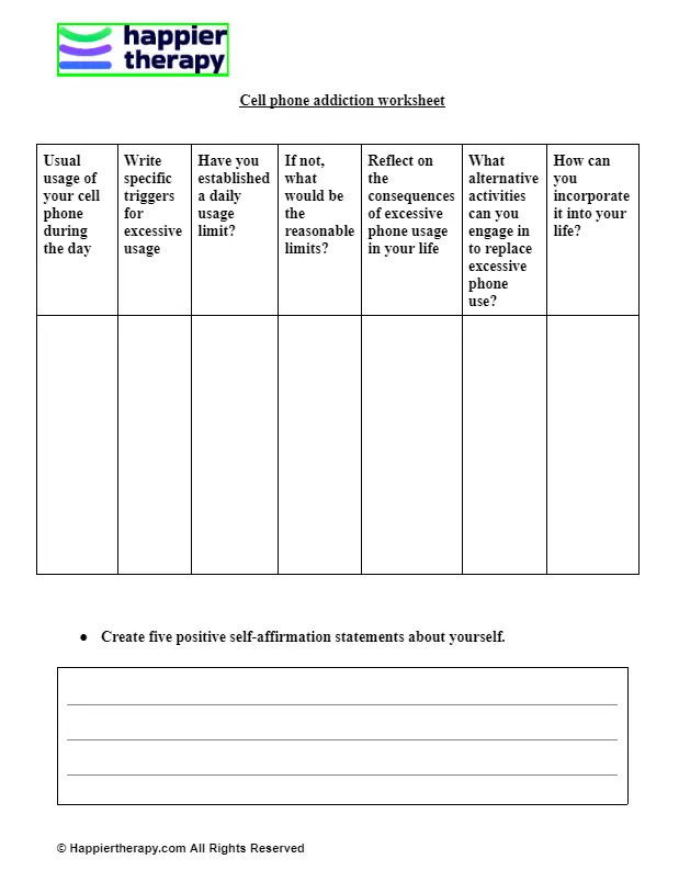 Cell Phone Addiction Worksheet | HappierTHERAPY