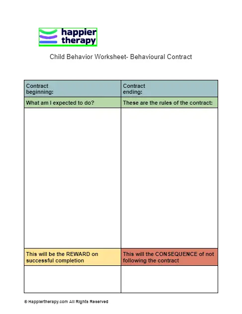 Child Behavior Worksheet- Behavioural Contract | HappierTHERAPY
