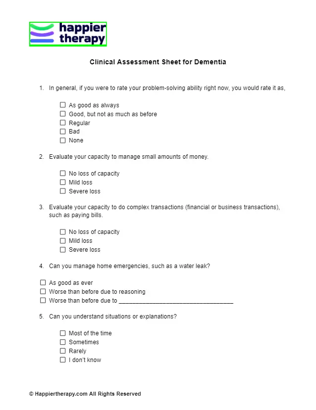 Clinical Assessment Sheet For Dementia | HappierTHERAPY