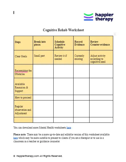 Cognitive Rehab Worksheet | HappierTHERAPY