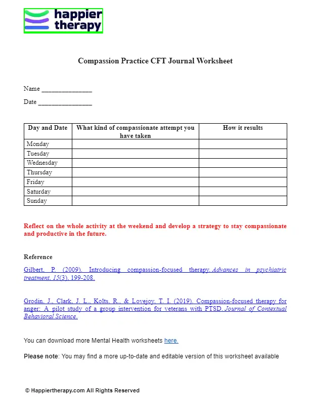 Compassion Practice CFT Journal Worksheet | HappierTHERAPY