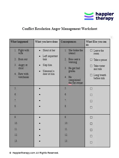 Conflict Resolution Anger Management Worksheet | HappierTHERAPY