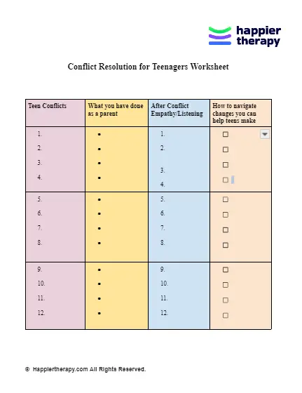 Conflict Resolution For Teenagers Worksheet | HappierTHERAPY
