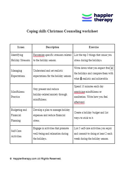 Coping Skills Christmas Counseling Worksheet | HappierTHERAPY