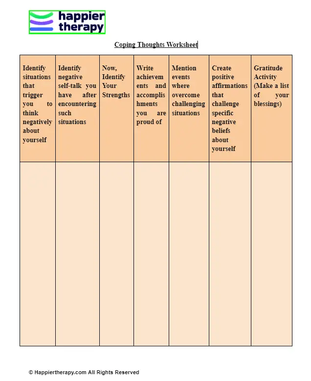 Coping Thoughts Worksheet | HappierTHERAPY