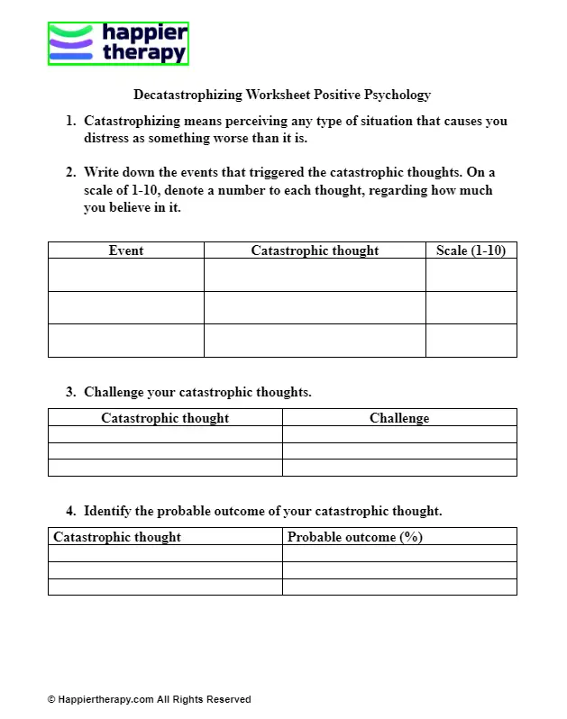 Decatastrophizing Worksheet Positive Psychology | HappierTHERAPY