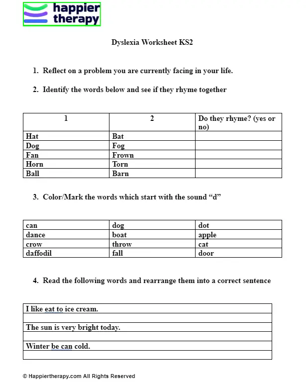 Dyslexia Worksheet KS2 | HappierTHERAPY