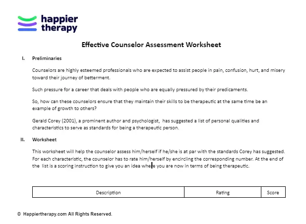 Effective Counselor Assessment Worksheet | HappierTHERAPY