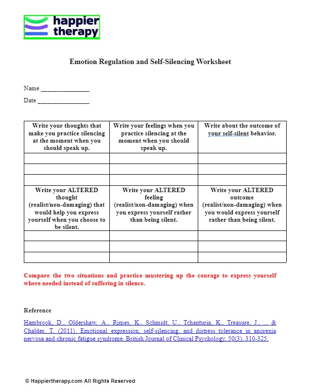 Emotion Regulation And Self-Silencing Worksheet | HappierTHERAPY