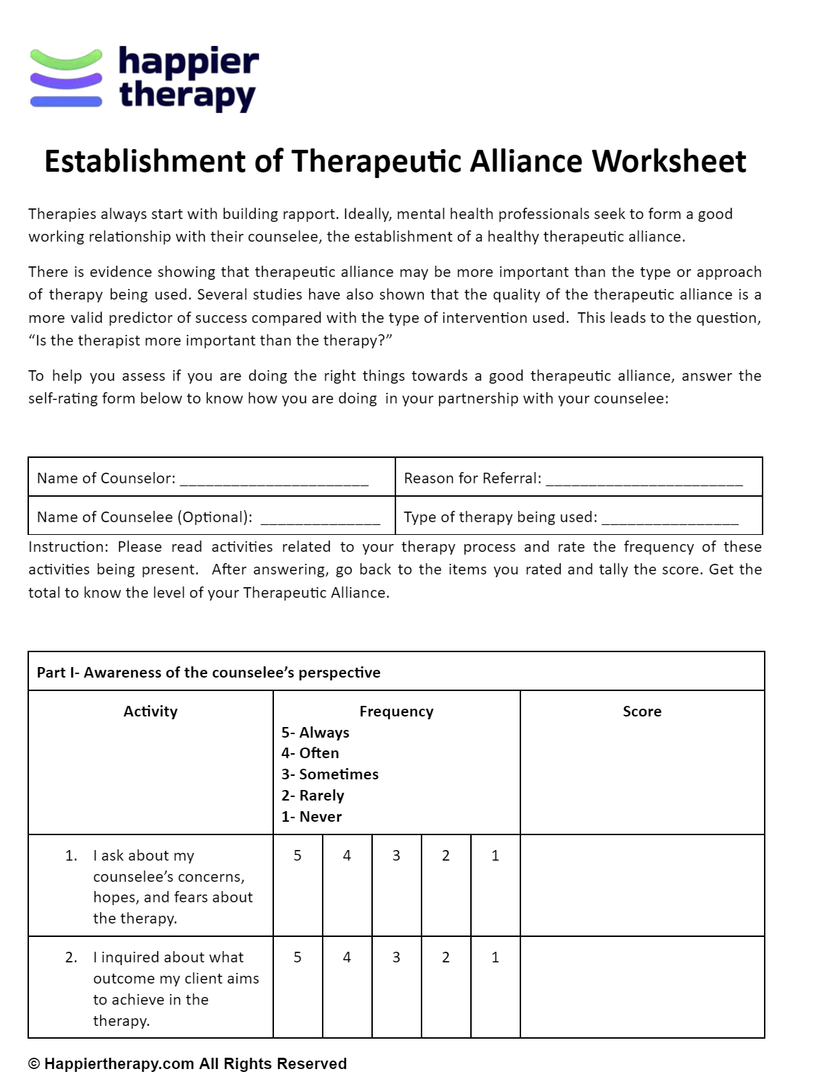 Establishment Of Therapeutic Alliance Worksheet | HappierTHERAPY