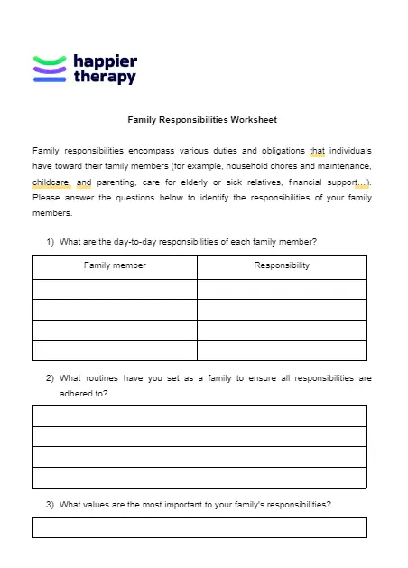 Family Responsibilities Worksheet | HappierTHERAPY