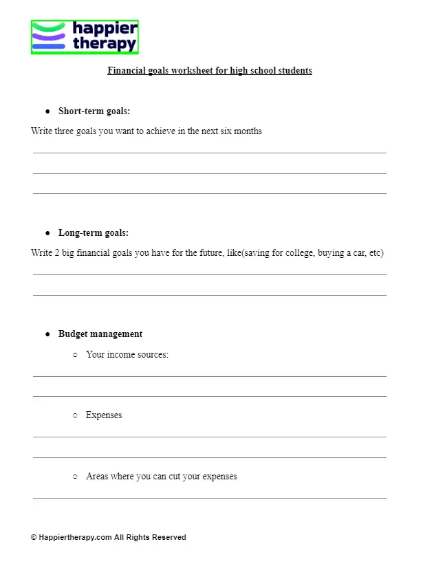 Financial Goals Worksheet For High School Students | HappierTHERAPY