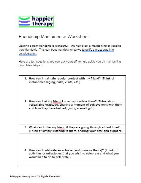 Friendship Maintenance Worksheet | HappierTHERAPY