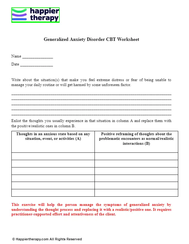 Generalized Anxiety Disorder CBT Worksheet | HappierTHERAPY