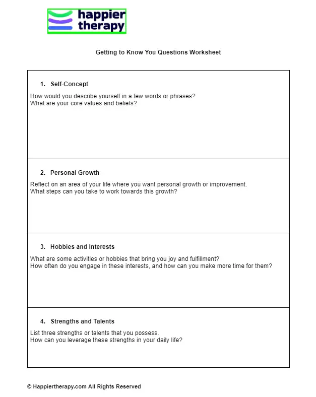 Getting To Know You Questions Worksheet | HappierTHERAPY