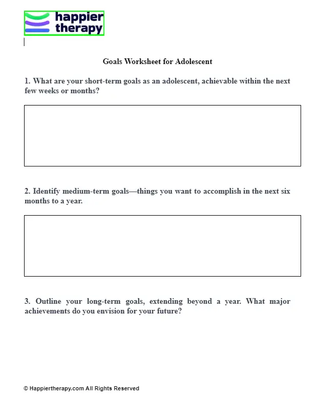 Goals Worksheet For Adolescent | HappierTHERAPY