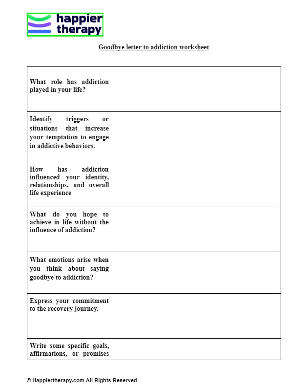 Goodbye Letter To Addiction Worksheet | HappierTHERAPY