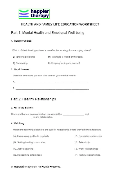 HEALTH AND FAMILY LIFE EDUCATION WORKSHEET | HappierTHERAPY