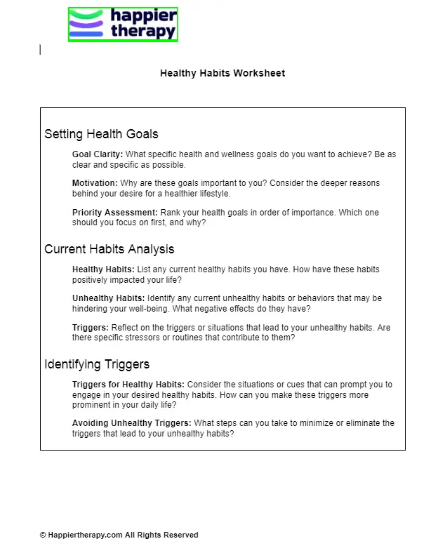 Healthy Habits Worksheet | HappierTHERAPY