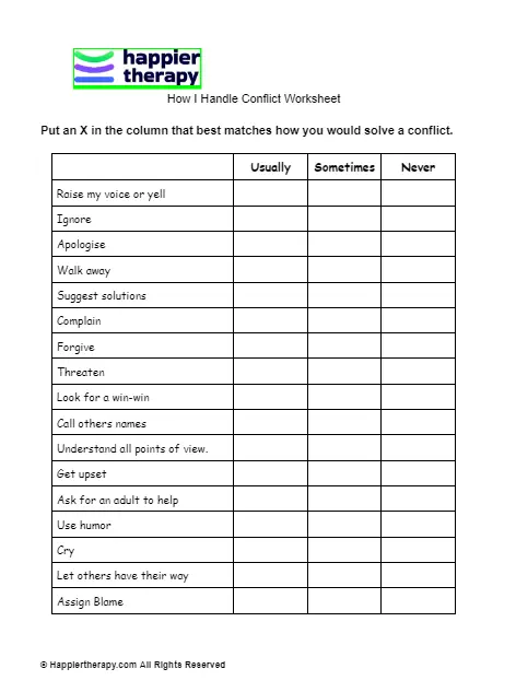 How I Handle Conflict Worksheet | HappierTHERAPY
