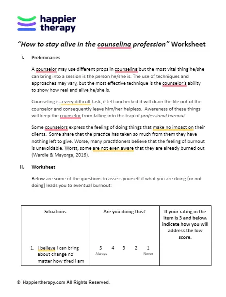 How To Stay Alive In The Counseling Profession Worksheet | HappierTHERAPY