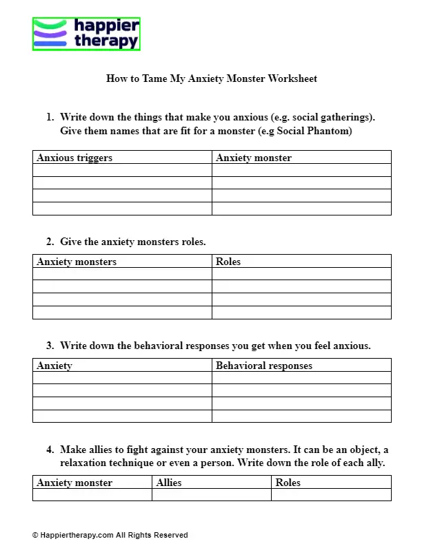How To Tame My Anxiety Monster Worksheet | HappierTHERAPY
