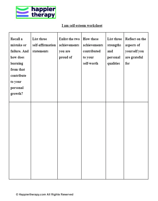 I Am Self-esteem Worksheet | HappierTHERAPY